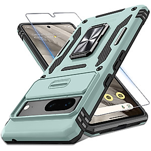 for Pixel 7 Case,Google Pixel 7 Case with Slide Camera Cover+Screen Protector,[Camera Protection] [Magnetic Rotate Kickstand] Military Grade Shockproof Heavy Duty Protective Cover-Alpine Green