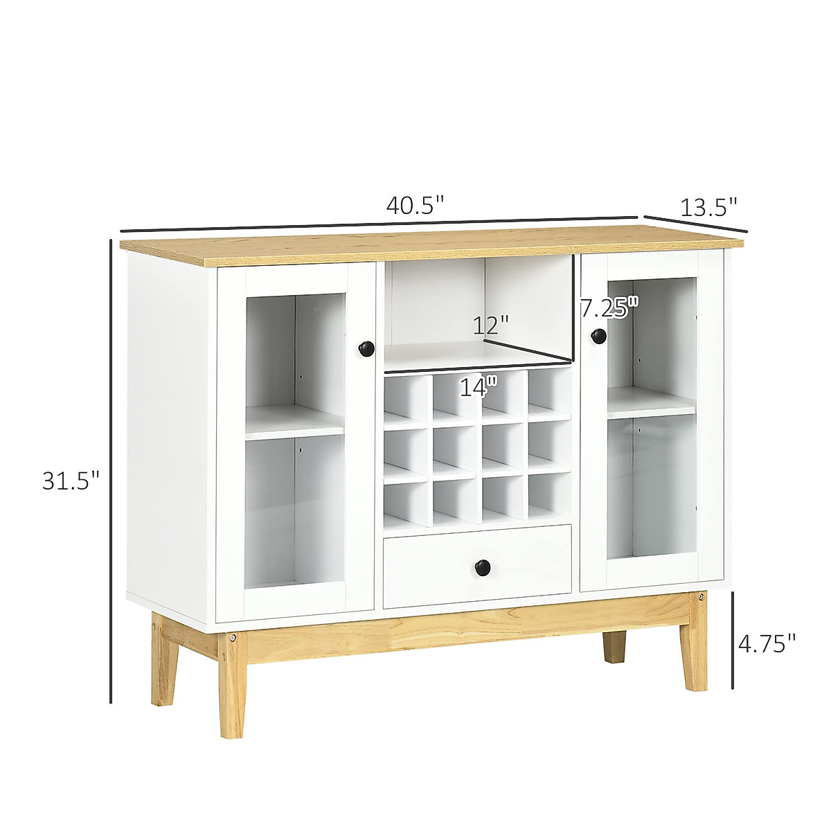 HOMCOM Wine Cabinet, Coffee Bar Cabinet with 12-Bottle Wine Rack, Drawer and Glass Doors, Kitchen Buffet Cabinet, White
