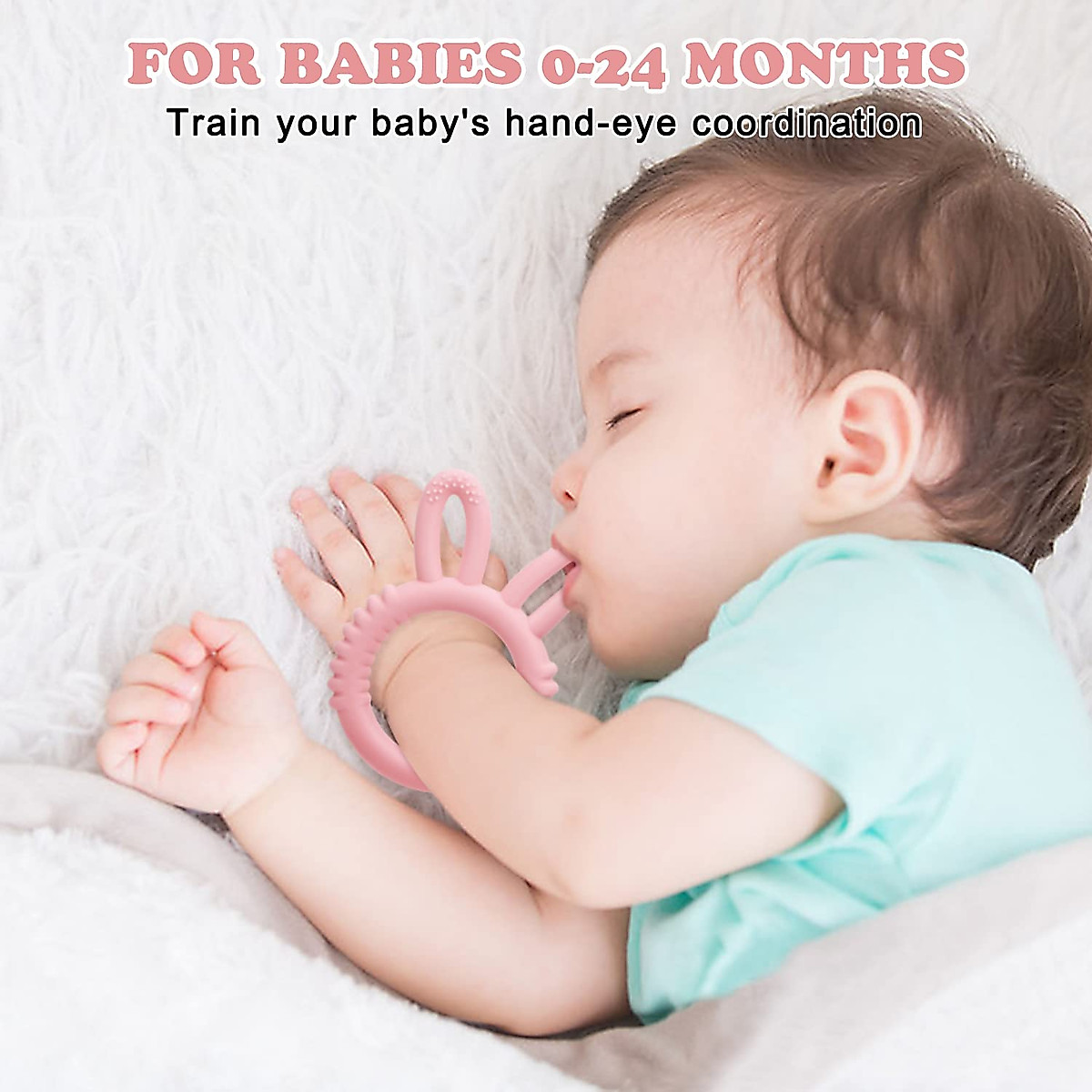 MISSLILI Silicone Babies Teethers Baby Teething Toys for Soothe Massage Sore Gums for 3-12 Months Infants, BPA Free, Ring Shape Rabbit Ear Design (Pink)