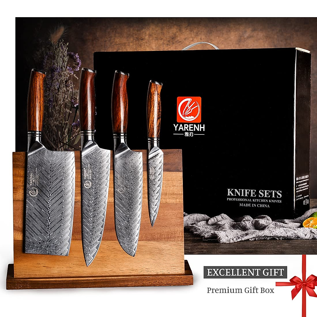 YARENH Knife Set with Magnetic Block 5 Piece, Professional Kitchen Knife Set, 73 Layers Damascus High Carbon Stainless Steel, Natural Sandalwood Handle, Sharp Chef Knife