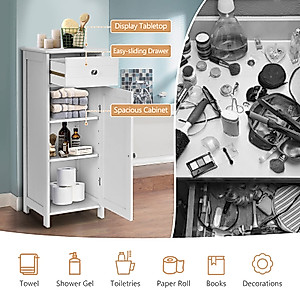 COSTWAY Bathroom Storage Cabinet, Single Door Floor Cabinet with Drawer and 3-Level Adjustable Shelves, Modern Side Storage Organizer with Anti-Tipping Device for Living Room, Bedroom (White)