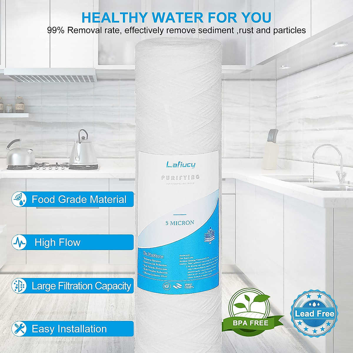 Lafiucy 5 Micron 10" x 2.5" String Wound Sediment Water Filter Cartridge,5 Pack,Whole House Sediment Filtration, Universal Replacement for Most 10 inch RO Unit