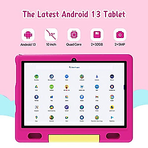 ApoloSign Kids Tablet, 10.1 Inch Android 13 Tablet for Kids, 32GB ROM with 1280 * 800 HD Screen, WiFi, Bluetooth, 5000mAh Battery, Parental Control APP, Educational Games, and Shockproof Case(Pink)