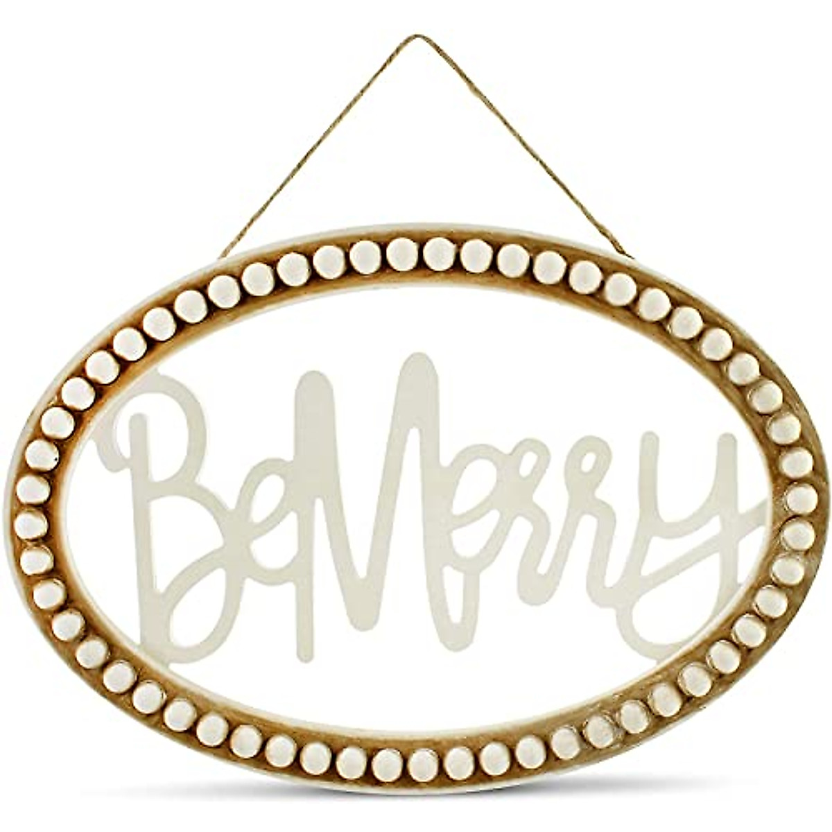 AuldHome Beaded Wooden Christmas Sign, "Be Merry" Oval Wood Holiday Decor Hanging Sign