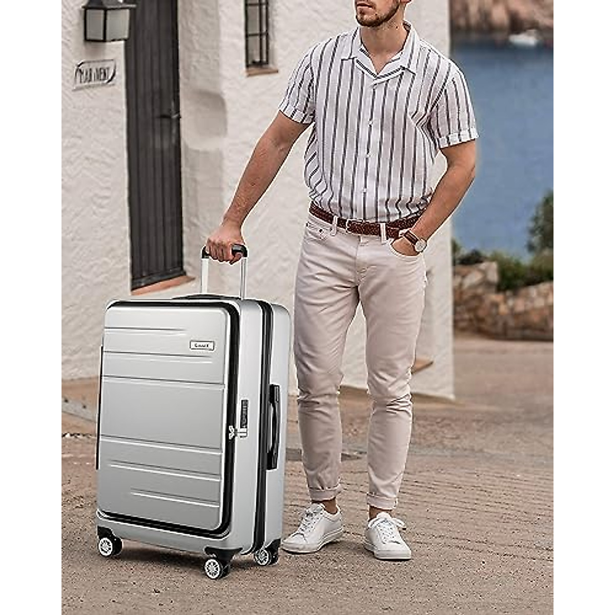 LUGGEX Silver 26 Inch Luggage with Spinner Wheels, Expandable PC Hard Shell Checked Suitcase with Front Opening, Lightweight