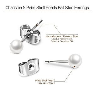 Charisma 3-7mm Composite Pearl Earrings Round Ball Pearls Stud Earrings Hypoallergenic 5 Pairs Mixed Sizes Imitation Pearl Earrings Set for Women
