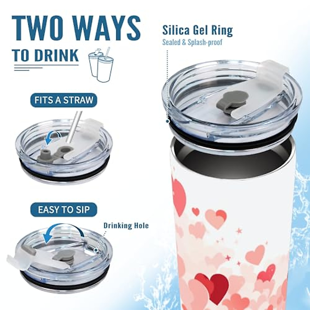 QWEUIOP 20oz Insulated Travel Coffee Mug Heart Pattern Stainless Steel Tumbler with Lid Double Wall Vacuum Coffee Cup For Hot and Cold Drinks14489