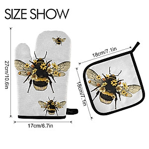 Aflyko Bee Daisy Flower Oven Mitt Pot Holder Gift Set Heat Resistant Cooking Glove Kitchen Potholder for BBQ Baking