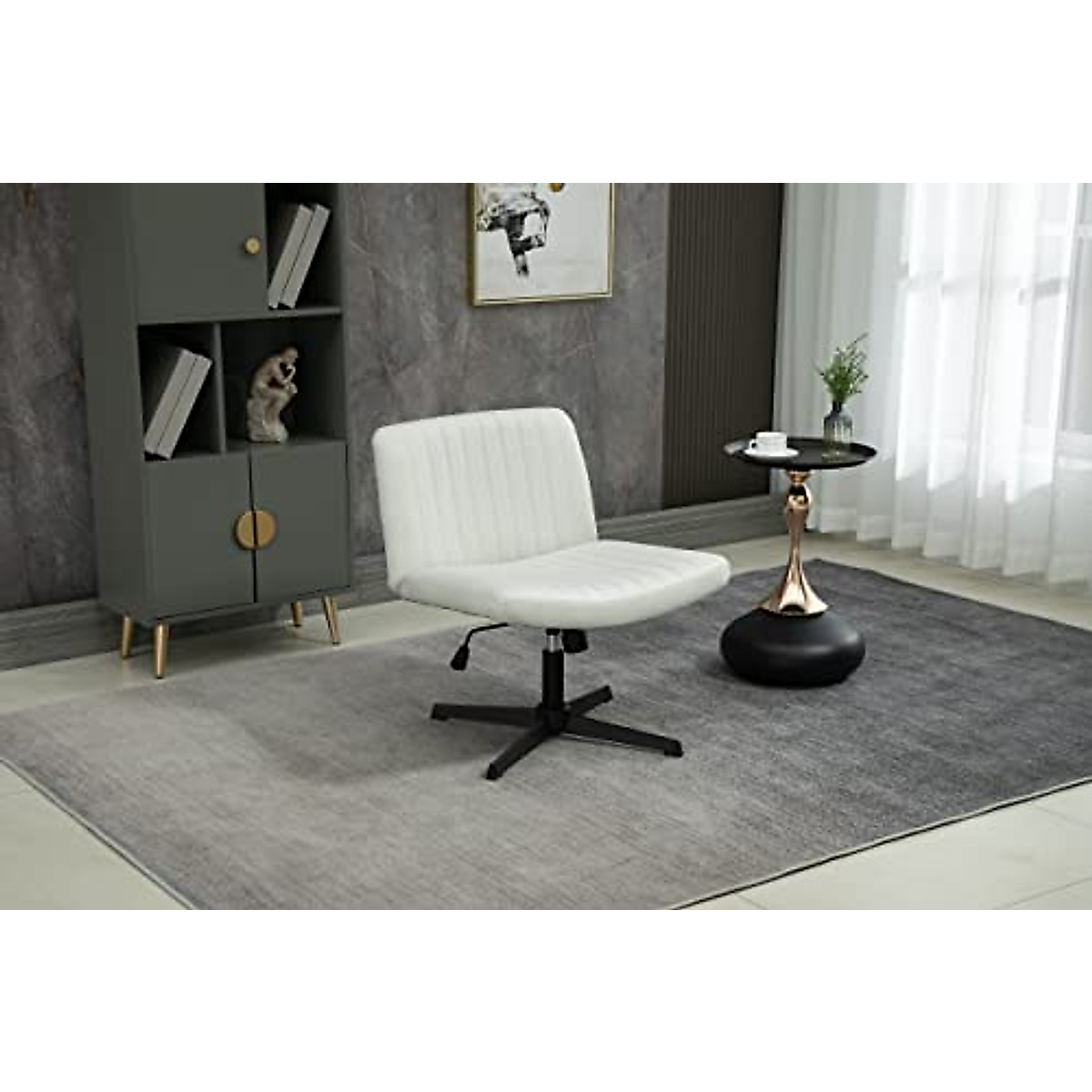 pouseayar Desk Chair No Wheels, Armless Morden Style Office Chair Adjustable Handle with PU Leather and Soft Backrest for Home, Living Room, Office, Reading Room - White