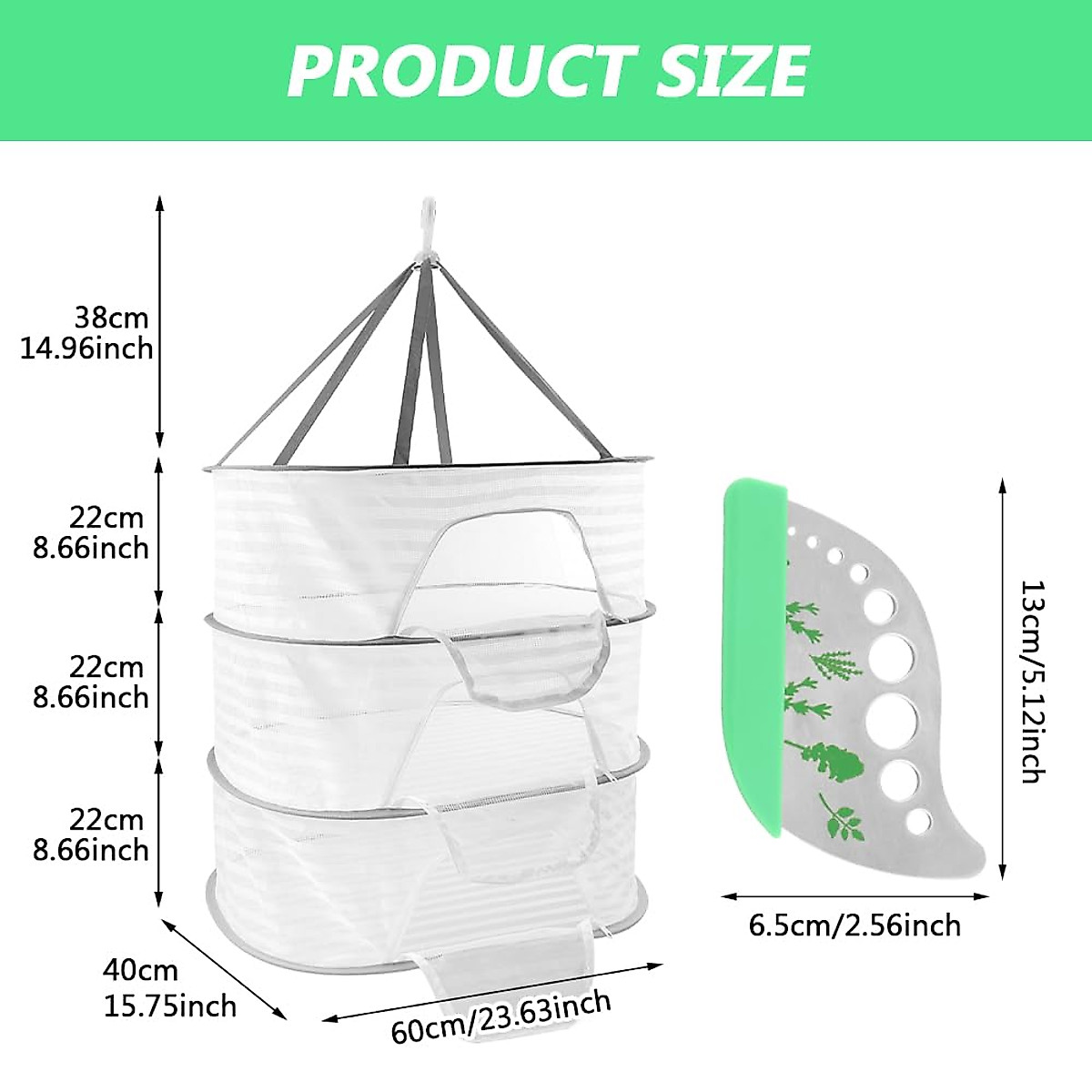 QKDS Herb Drying Rack 3 Layer Hanging Mesh Net, 2pcs/Set Herb Dryer Hanging Rack with Herb Stripper, Foldable Hanging Mesh Dryer for Buds, Fruits, Vegetables, Fish, Clothes, Doll(White)