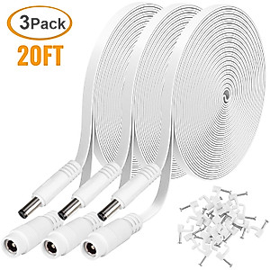 3 Pack DC Power Extension Cable 20ft 2.1mm x 5.5mm Compatible with 12V DC Adapter Cord for CCTV IP Camera, LED, Car - White