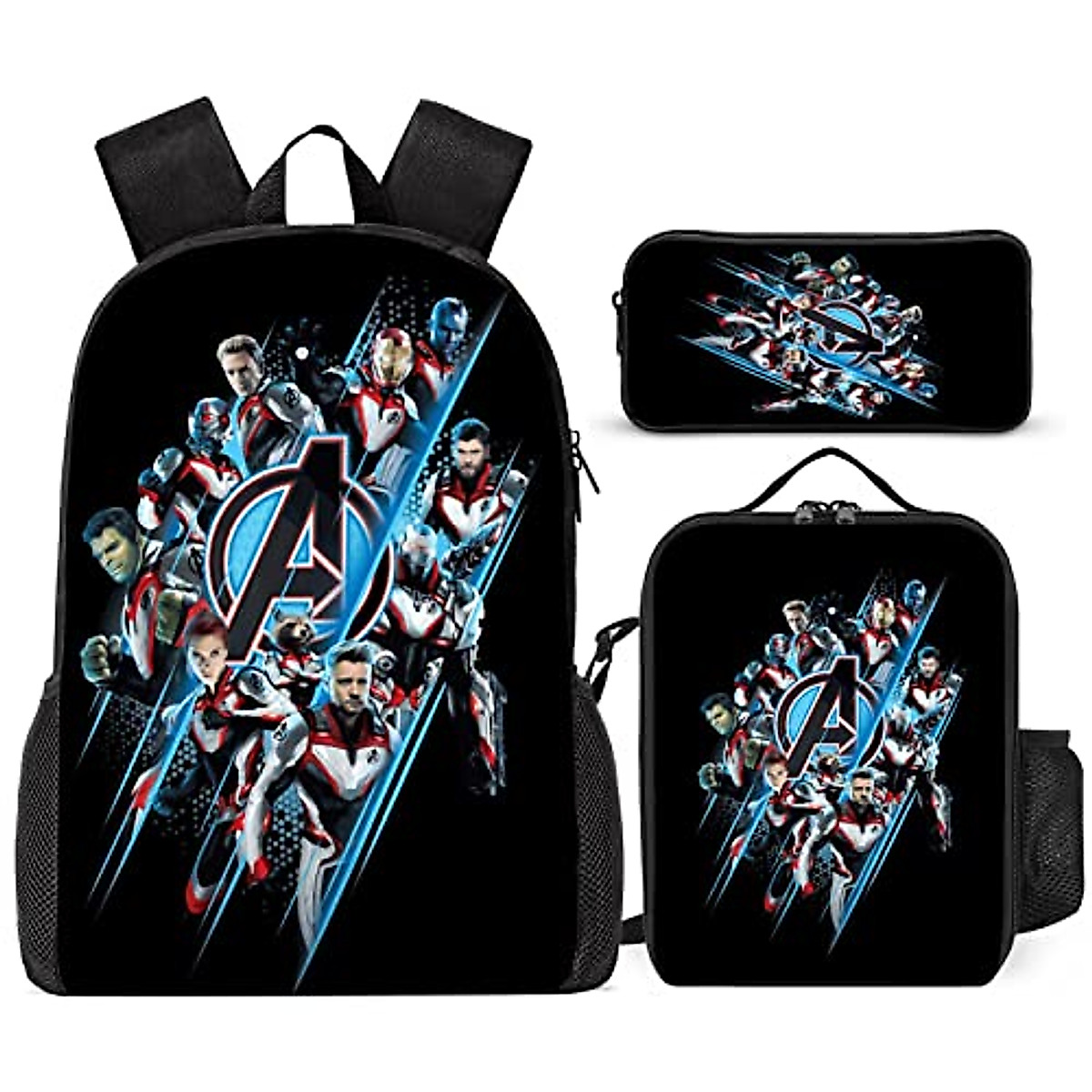 Jxcbnzu Avengers Backpack Set, Boys School Backpack Three-Piece Set with Lunch Box, Pencil Case