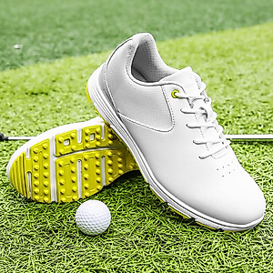 Waterproof Golf Shoes for Men Spikeless Outdoor Golf Sport Training Sneakers Classic Mens Golf Trainers Size 13 14 … (White Yellow, numeric_10)