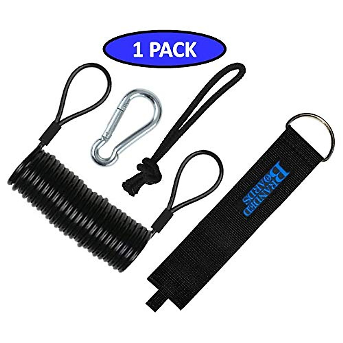 Branded Boards-Railz Steel Coiled Safety Leash, Heavy Duty Wrist Cuff, Carabiner & Paracord Loop. Boogie Board, Snowboard, Surf Board, SUP, Scooter, Snowskate, Sled, Dog Pet Lanyard (Ultimate 1-Pack)