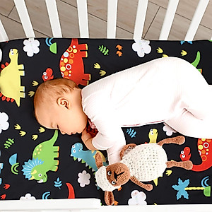 JISEN Baby Crib Sheets 2 Piece Portable Fitted Crib Sheet for Standard Crib and Toddler Mattresses Nursery Bed Decor for Boys Girls 28x52 Inch Grey/Black Dinosaurs