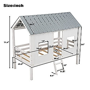 Merax Twin Size Wooden House Bed, Low Loft Bed Frames with Two Front Windows and Roof for Girls and Boys, White(Grey Roof)