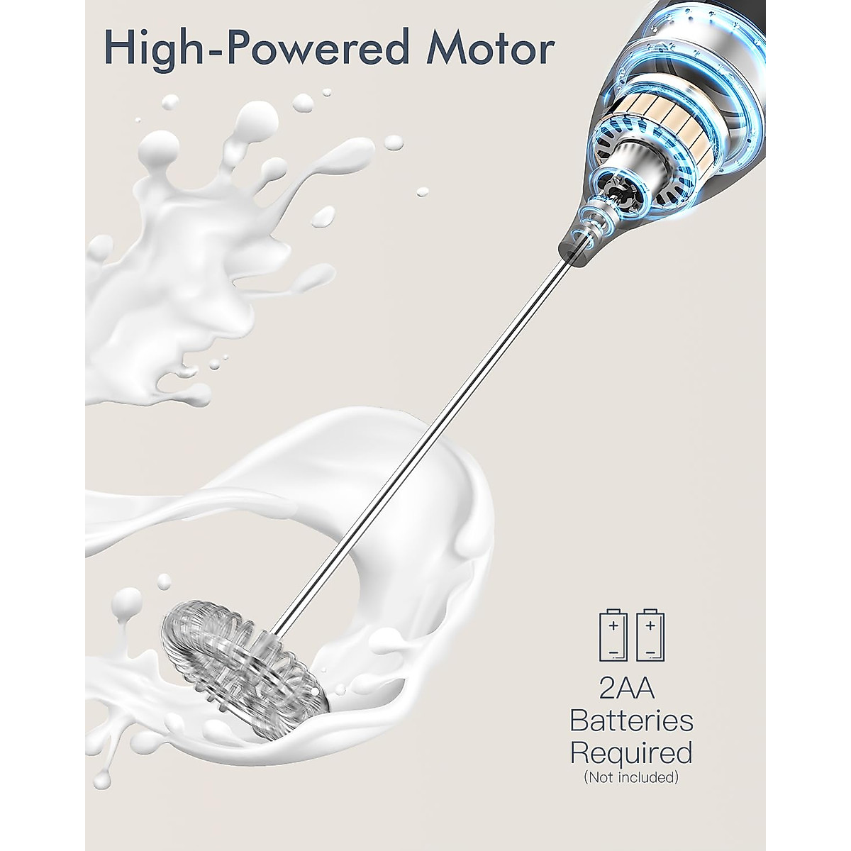 Milk Frother Handheld Battery, Electric Foam Maker Frother Wand, Drink Mixer with Stainless Steel Whisk for Coffee, Matcha, Lattes, Cappuccino Black