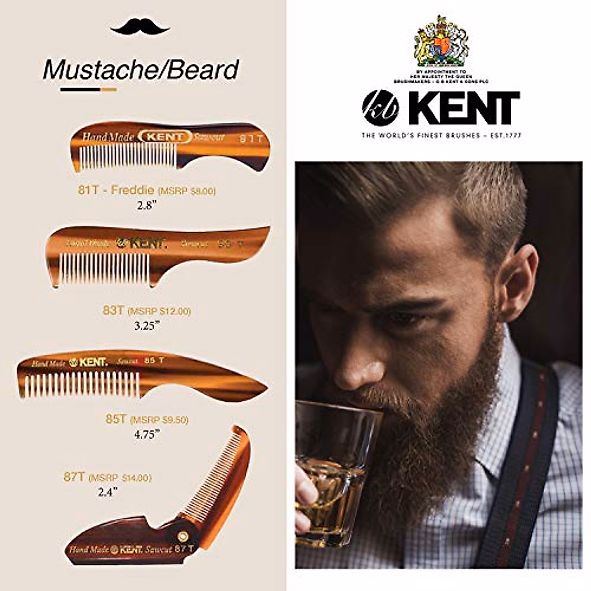 Kent 83T Small Gentleman's Beard and Mustache Pocket Comb, Fine Toothed Pocket Size for Facial Hair Grooming and Styling. Saw-cut of Quality Cellulose Acetate, Hand Polished. Hand-Made in England