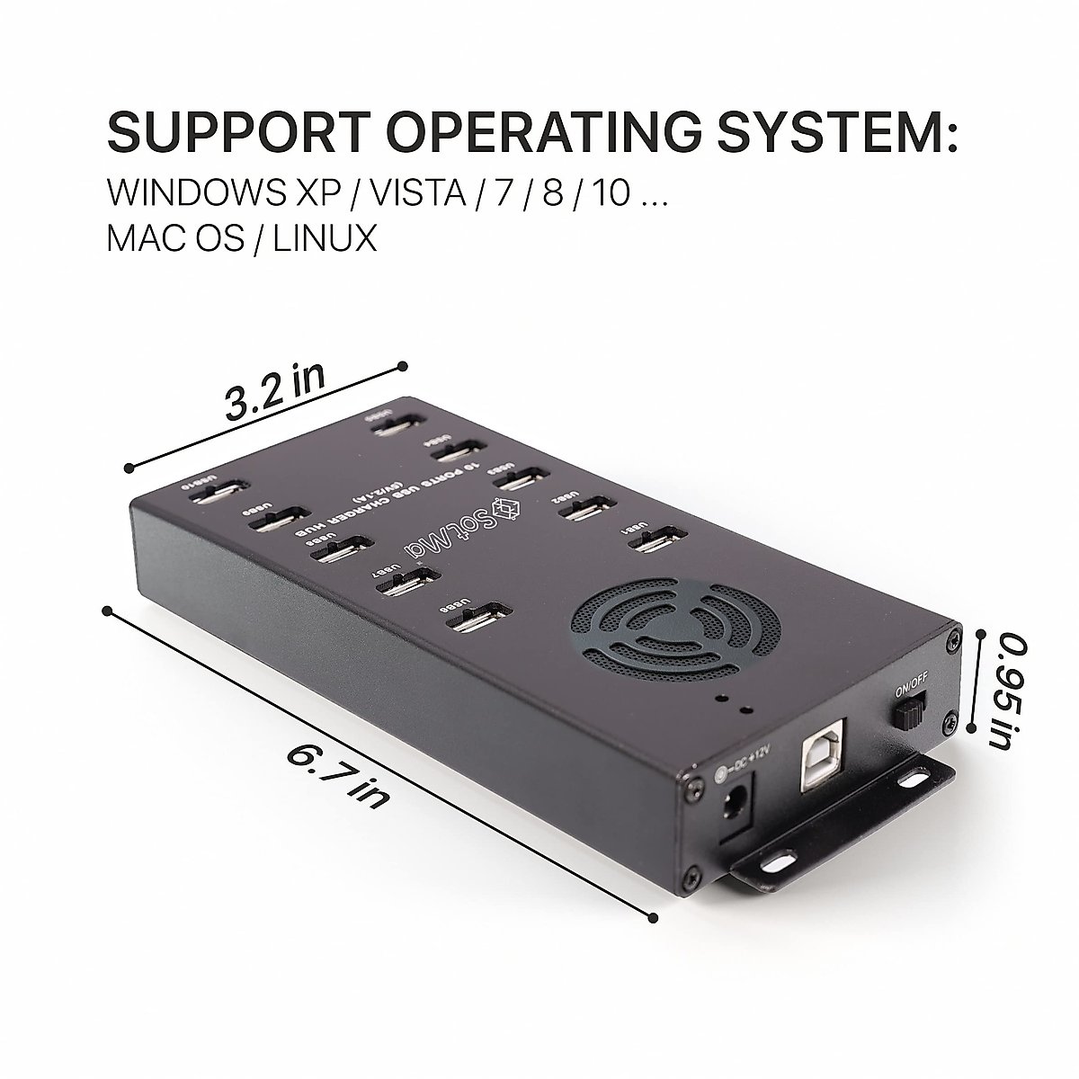 Premium Design USB 2.0 Hub - Multi-Safety Protection 10-Port Powered USB Hub 2.0 with AC Adapter - USB Splitter with Cooling Fan and Mounting Brackets - Aluminum Charging Hub for Multiple Devices