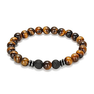 MengPa Mens Beaded Bracelets Matte Lava Rock Volcanic Stone Beads for Women Stretch Bracelet Brown Tiger Eye Fashion Jewelry US4543C
