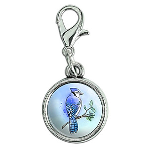 Blue Jay Watercolor Northeastern Bird Antiqued Bracelet Pendant Zipper Pull Charm with Lobster Clasp