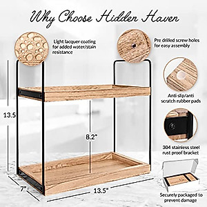 Hidden Haven - Upgraded - 2 Tier Wooden Countertop Organizer Lightly Lacquered to Resist Water and Stains - Multi-Use Organizer - Bathroom Organizer, Kitchen Organizer (Natural Wood)