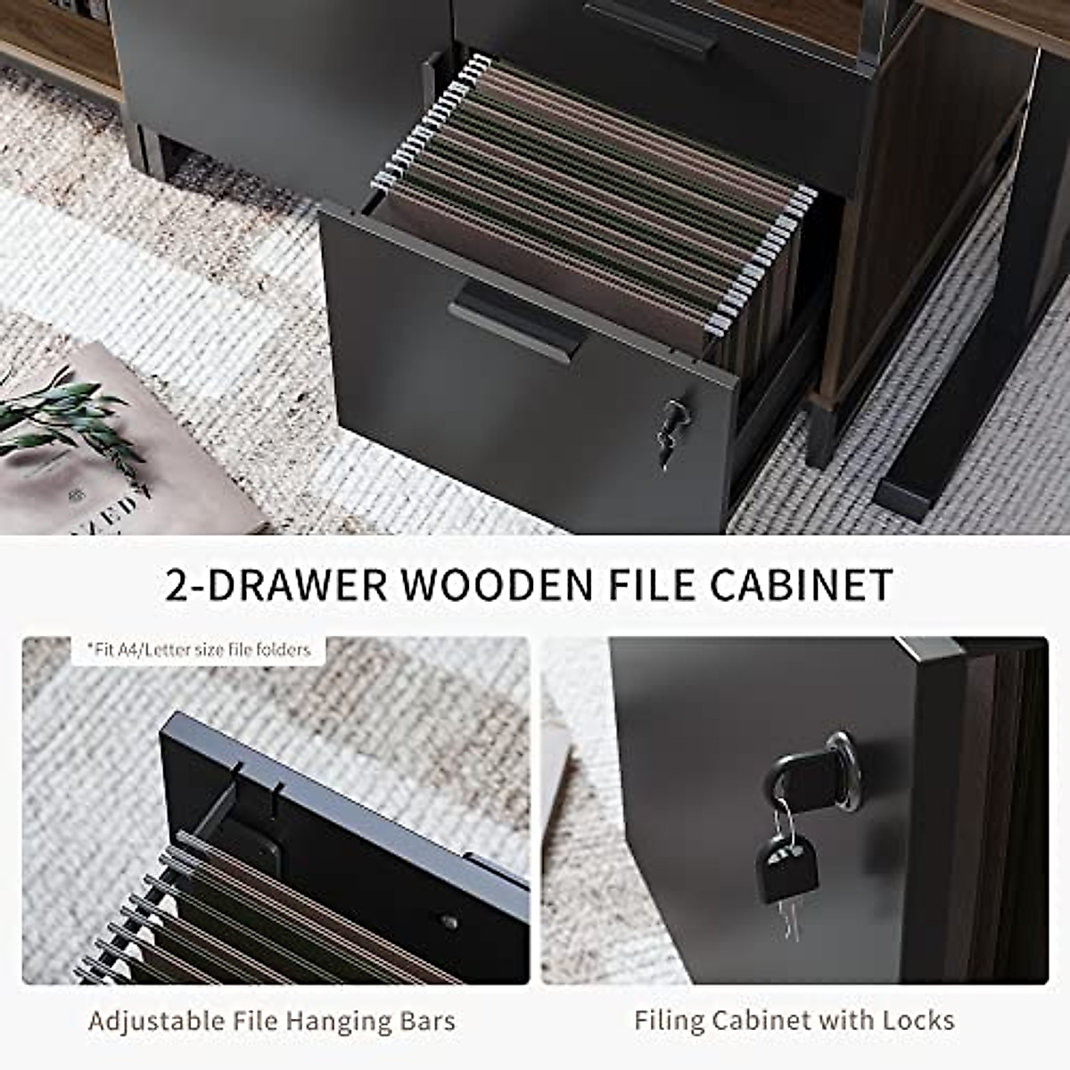 FEZIBO 66 Inch Executive L Shaped Standing Desk with 2-Drawer File Cabinet, Electric Height Adjustable Stand up Desk, Home Office Modern Wood Computer Desk with Shelves, Black Frame/Black Walnut Top