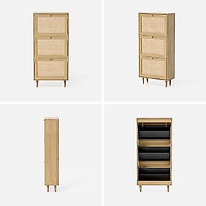 EYYTHUNG Rattan Shoe Cabinet Narrow Shoe Storage Cabinet with 3 Flip Drawers Hidden Freestanding Shoe Rack Organizer with Wood Legs for Entryway Slim, Hallway, Natural Oak