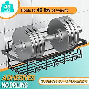 Super Strong Adhesive Shower Shelves for Inside Shower, Sturdy 3 mm Thickness Wire Shower Caddy with 7 Hooks, No Drilling Wall Mount Bathroom Organizer, Stainless Steel, Large Capacity, 5 Pack, Black