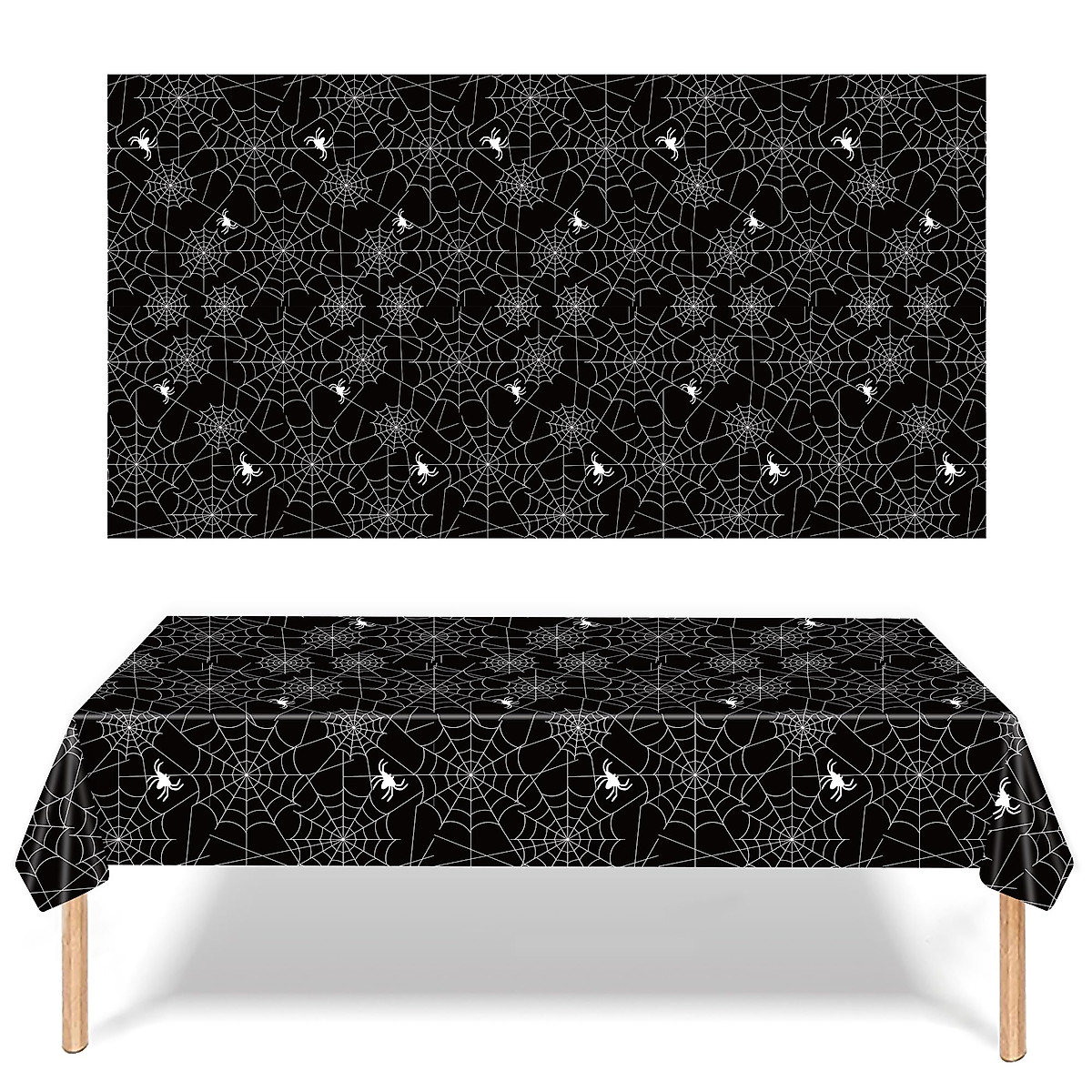 3-Piece 54 x 108 Inch Spider Web Plastic Tablecloth - Black Spiderweb with Spiders Designs, Disposable Rectangle Table Cover for Dining, Birthday, Halloween, Spooky Themed Indoor Outdoor Decorations