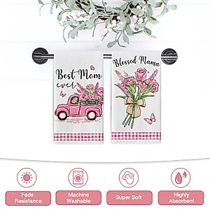 Seliem Mother's Day Truck Flower Kitchen Dish Towel Set of 2, Best Mom Ever Carnation Rose Bouquet Hand Towel Buffalo Plaid Drying Baking Cooking Cloth, Blessed Mama Holiday Kitchen Gift 18x26 Inches