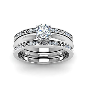Jewelryonclick 3 Piece Diamond Bridal Set with Filigree Sterling Silver Created Cubic Zircon Round Shape White Color Trio Wedding Ring Sets Prong Setting in Size 9 Fashion Jewelry