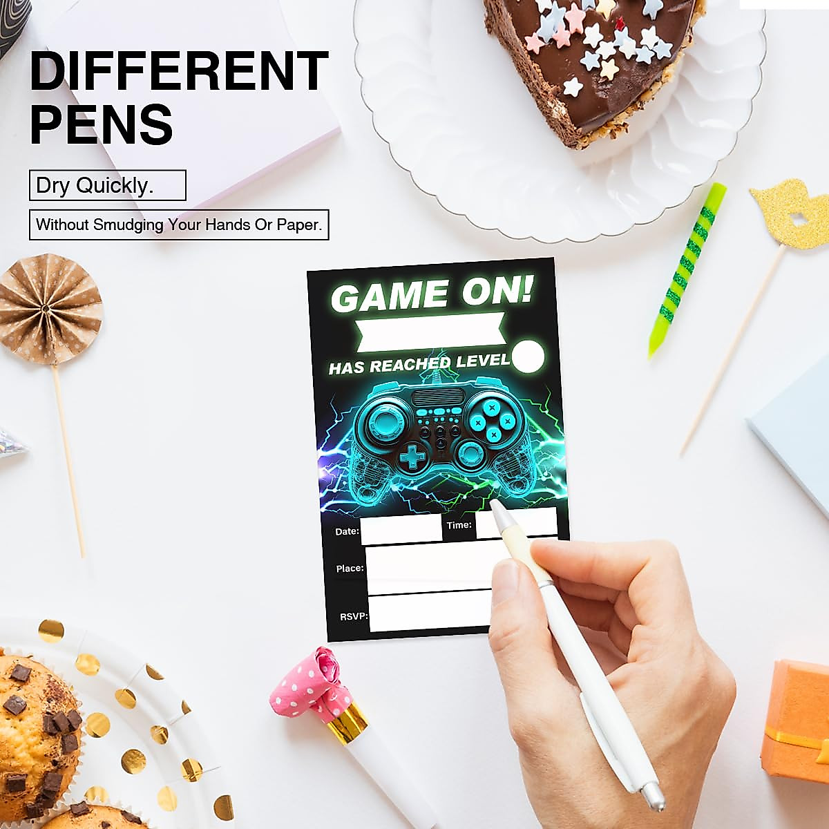 EUDOSI Video Game Birthday Party Invitations Supplies Fill-In Set of 20 with Envelopes Game on Birthday Bash Invites Cards, Double Sided