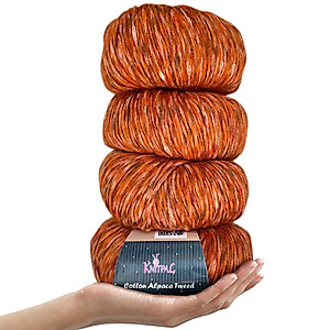 KnitPal Cotton Alpaca Tweed Yarn for Crocheting, 20% Alpaca, 60% Cotton, 20% Polyamide - Alpaca Wool Yarn - DK Yarn 3 Weight - 4 Skeins, 588yds/200g - Orange Pumpkin