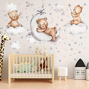 Bear Sleeping on The Moon and Stars Wall Stickers for Kids Room Decals Sweet Dream Moon Star Nursery Decor Baby Toddler Girls Shower Room Interior Decor Kid Playroom Wall Decals (23.6in x 35.4in)