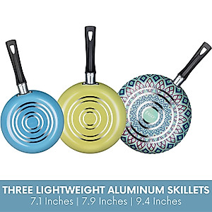 Ekco 3-Piece Frying Pan Set (7.1, 7.9 & 9.4 IN) For all Stovetops, Dishwasher Safe - Lightweight Aluminum Skillets, Non-Stick & Riveted Bakelite Handle (Photopaint Blue & Green) PFOA & PTFE Free