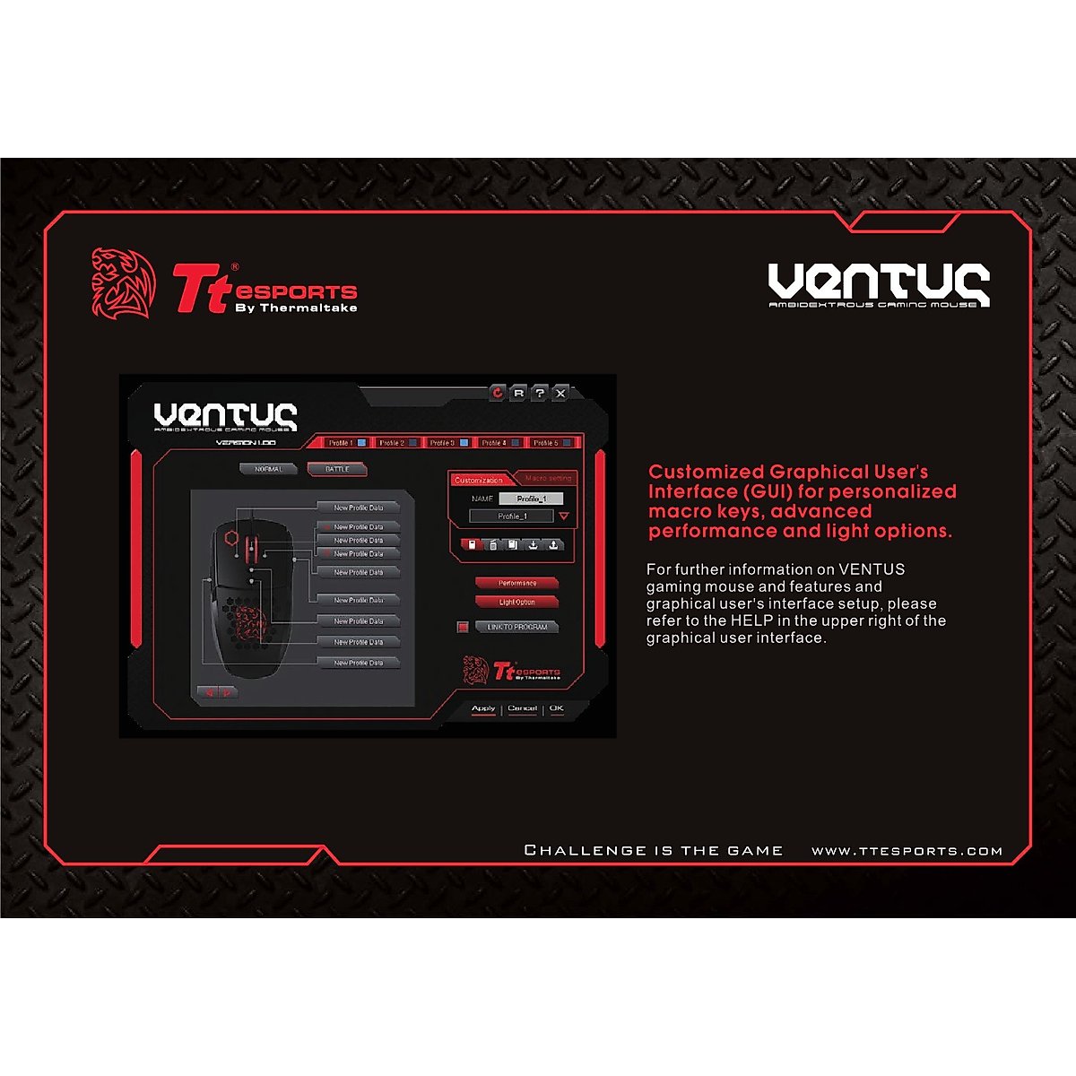 Thermaltake Tt Esports Ventus Ambidextrous Laser Gaming Mouse with 3-Zone Red LED Illumination, 7 Programmable Buttons, 5700 DPI Sendor, Graphical Configuration Interface