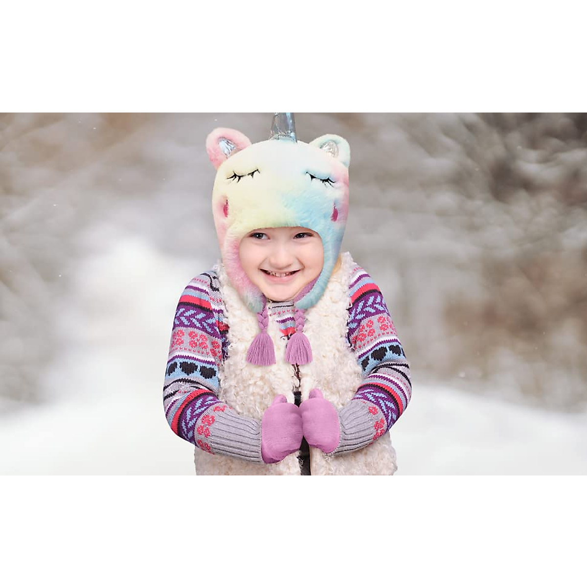 Toddler Winter Hat and Gloves Set for Ages 4-7 or Boys & Girls Winter Hat & Toddler Mittens Ages 2-4 (Multicolor Unicorn - Gloves, 4-7 Years)