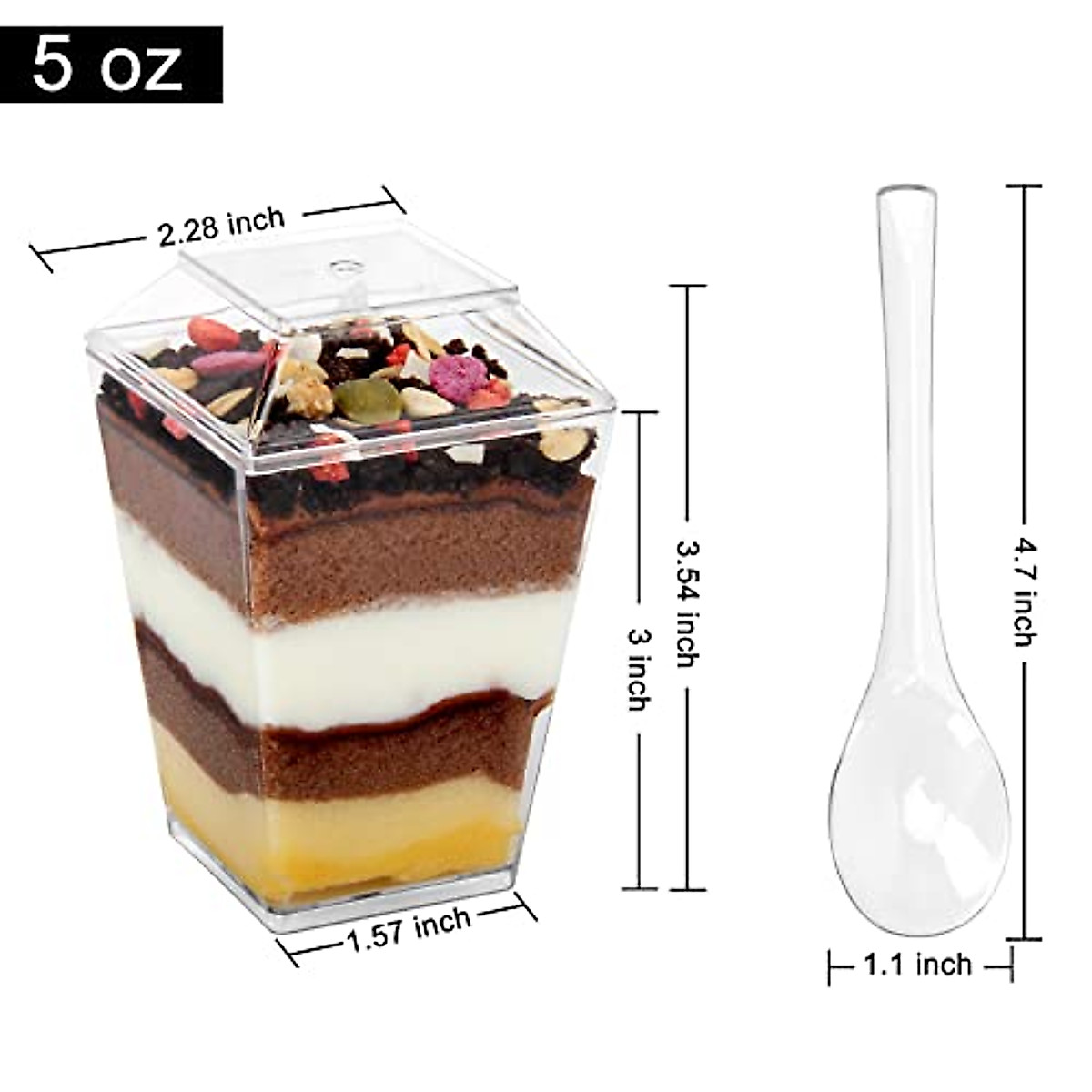Colovis Desert Cups with Lids and Spoons, 100 Pack 5 OZ Clear Square Parfait Cups Plastic Appetizer Cups for Party Cheesecakes Puddings Fruits (100)