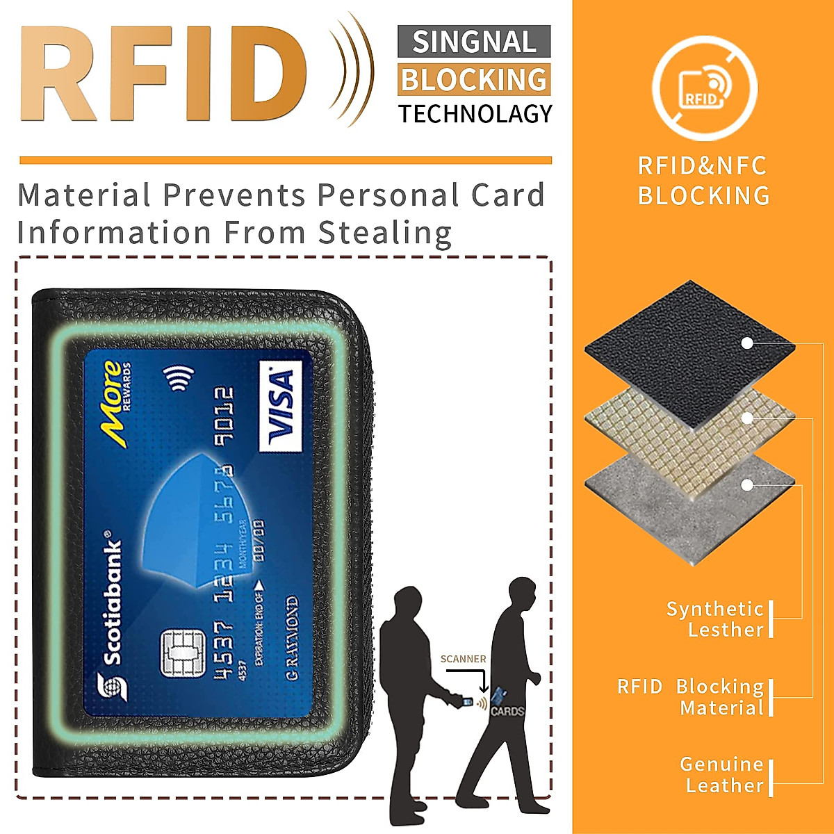 Credit Card Holder Wallet Case Womens Teen Girls Ladies Female Bee Genuine Cowhide Leather Small Black Rfid Blocking Wallets With Detachable Beaded Chain Zipper Around