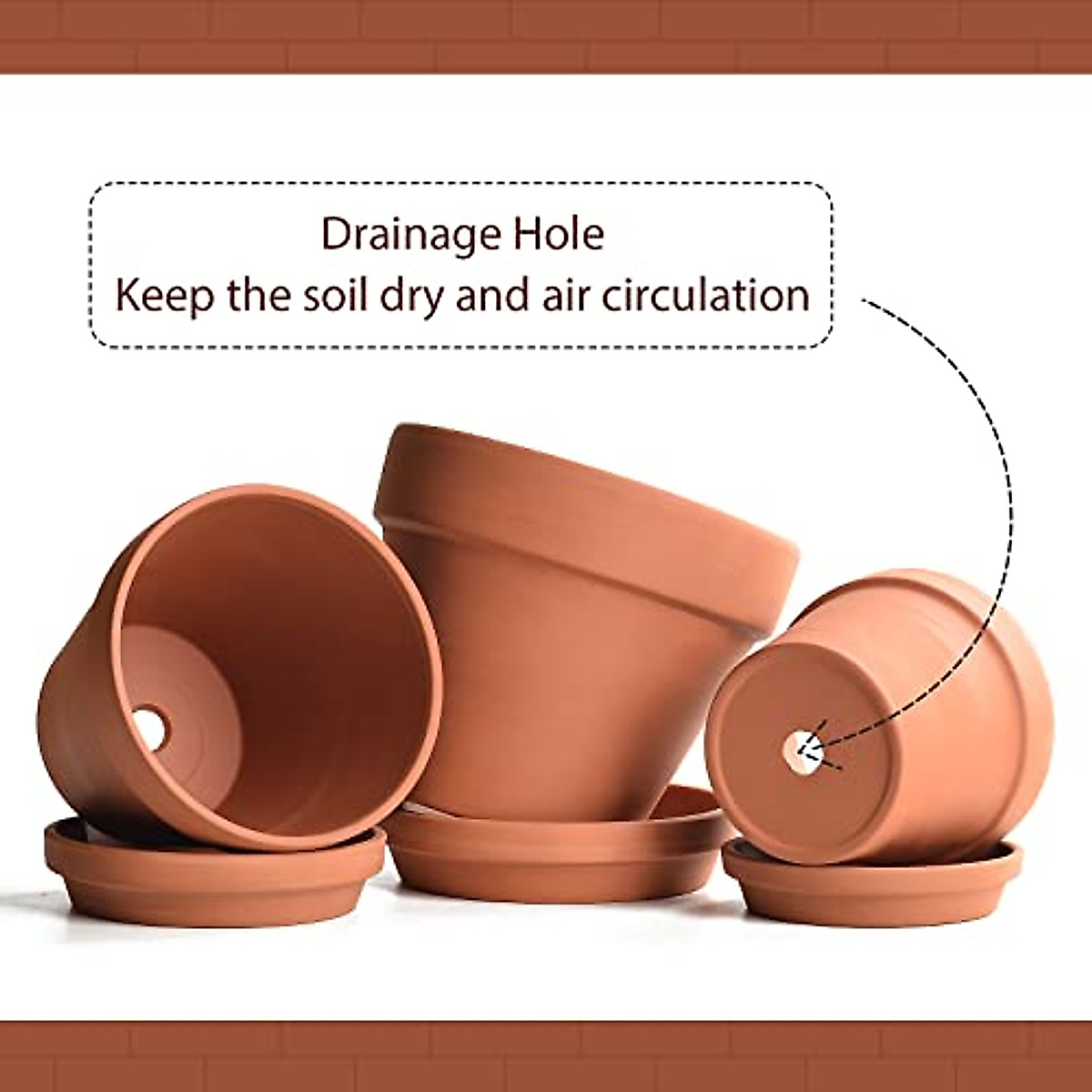 INGOFIN Terracotta Pots Set with Saucer - 5/6/7 inch Ceramic Clay Planters with Drainage Hole, Garden Flower Succulent Pots with Tray for Indoor Outdoor Plants, Set of 3