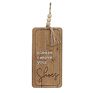 Parisloft Please Remove Your Shoes Wood Wall Plaque with Wooden Bead String Hanger,Cute and Rustic Country Style Home Accessory Gift Sign for Hallway, Entrance or Foyer