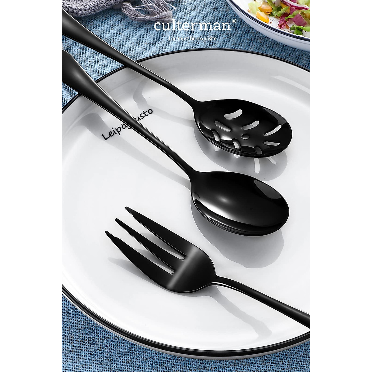 Black Serving utensils set. Stainless Steel Hostess Flatware Sets 7-Piece Includes Silverware Large Salad Serving Spoons, Forks & Slotted Spoons,sugar spoons,butter knife.Dishwasher Safe