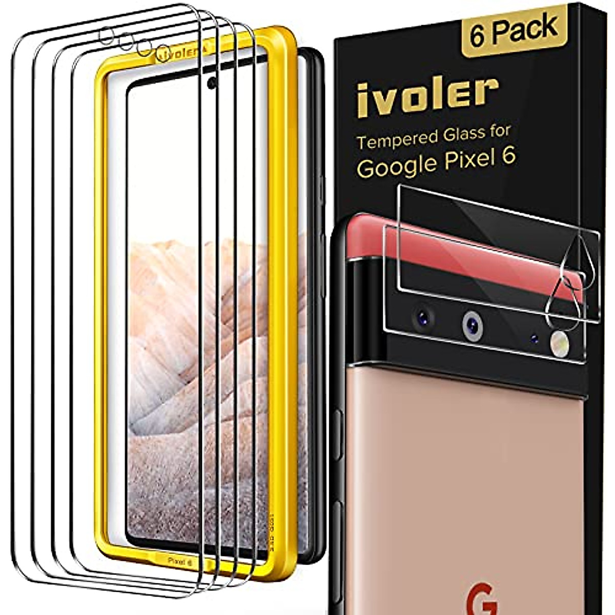 ivoler [4+2 Pack Screen Protector for Google Pixel 6 [4 Pack] with Camera Lens Protector Tempered Glass [2 Pack] [Fingerprint Unlock Compatible] with Alignment Frame Easy Installation HD Clear Film