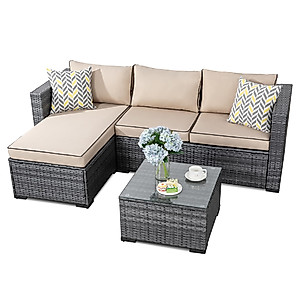 JAMFLY Outdoor Patio Furniture Sets, All-Weather Rattan Outdoor Sectional Sofa with Tea Table and Cushions Upgrade Wicker Patio sectional Sets 3-Piece (Khaki)