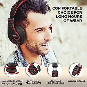 PowerLocus Bluetooth Over-Ear Headphones, Wireless Stereo Foldable Headphones Wireless and Wired Headsets with Built-in Mic, Micro SD/TF, FM for iPhone/Samsung/iPad/PC (Black/Red)