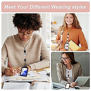 kioooki Rectractable Lanyards for ID Badges and Keys with ID Holder, Cute Beaded Teacher Lanyard with Badge Reel, Breakaway Cruise Lanyard for Women with 6 Clear Badge Holders