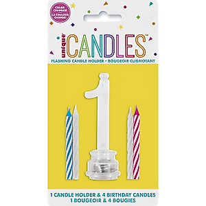 Blue Plastic Number 1 Flashing Candle Holder With Birthday Candle Set - 1 Set - Elegant, Eye-catching & Durable - Perfect Cake Topper For Birthday Celebrations