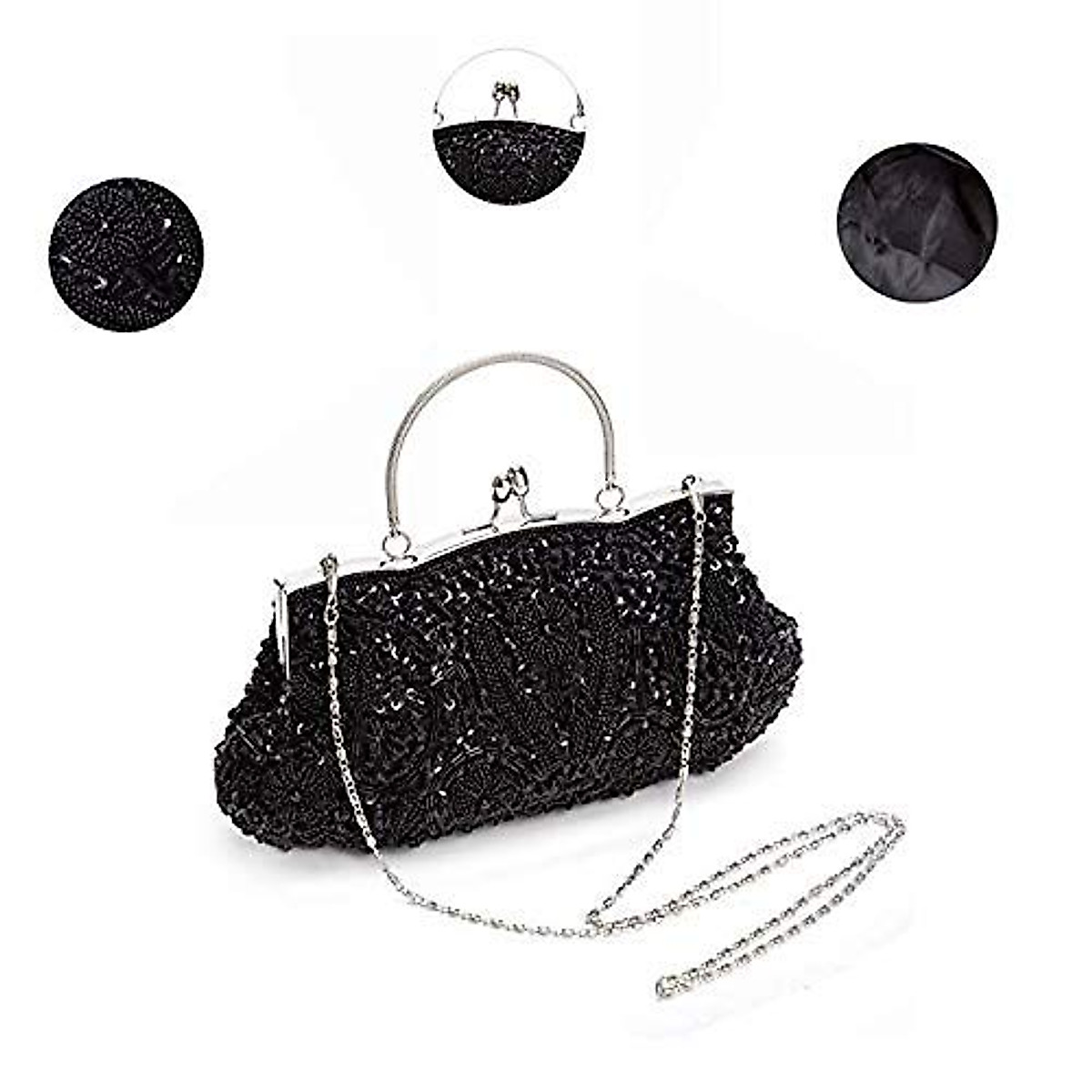 SSMY Beaded Sequin Design Flower Evening Purse Large Clutch Bag (Black)