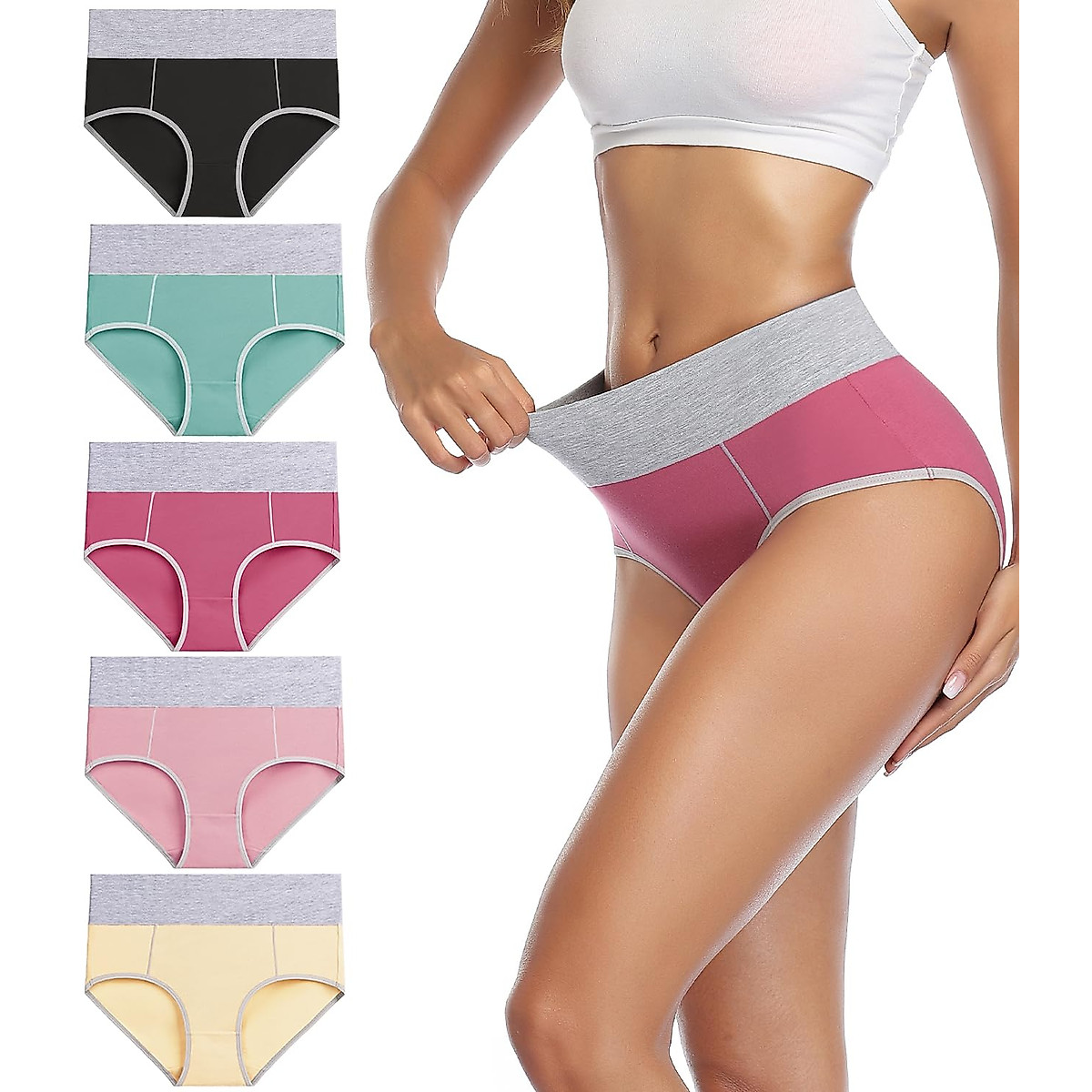 wirarpa Women's Cotton Underwear High Waist Briefs Ladies Soft Breathable Panties Full Coverage Underpants 5 Pack Medium